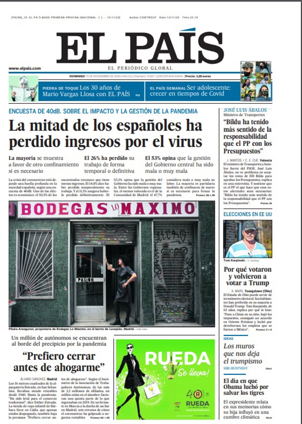 Primeras páginas de los diarios llegados esta noche a nuestra redacción