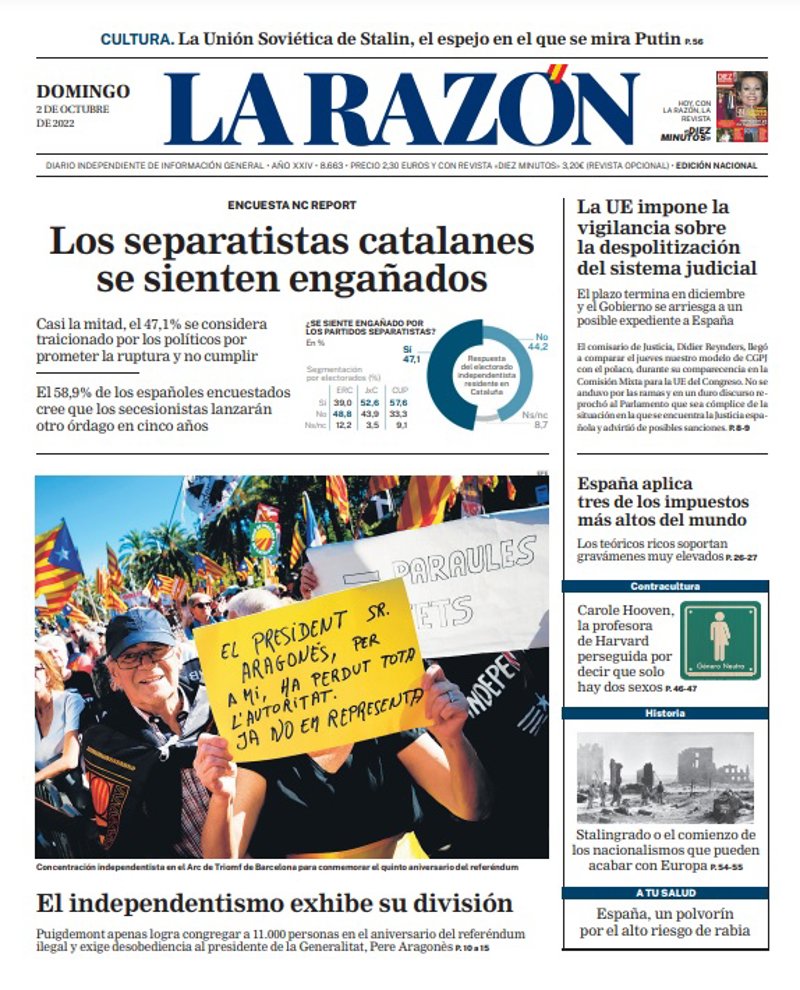 Las portadas de los periódicos del domingo 2 de octubre