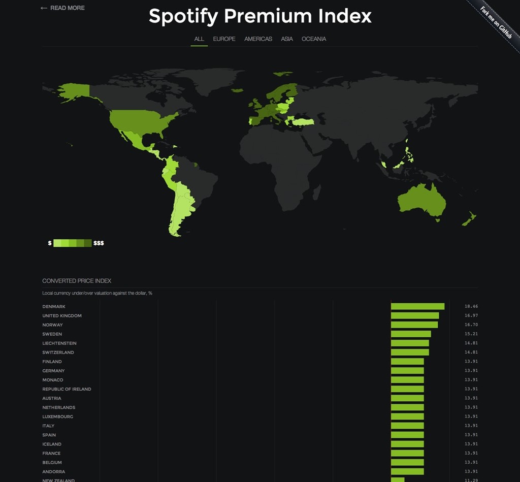 Este mapa muestra la diferencia en el precio de Spotify Premium en el mundo