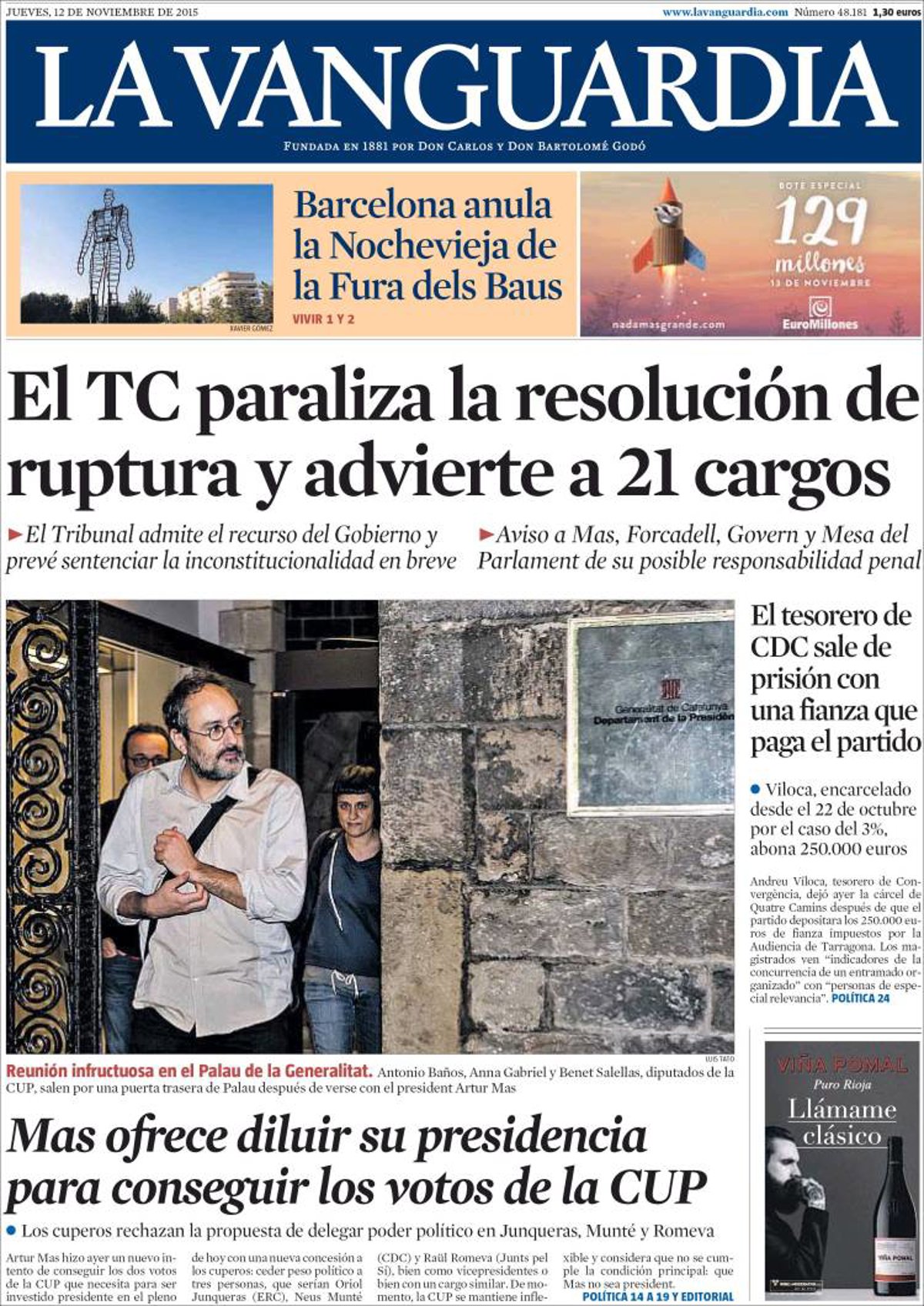Primeras páginas de los diarios del jueves 12 de noviembre