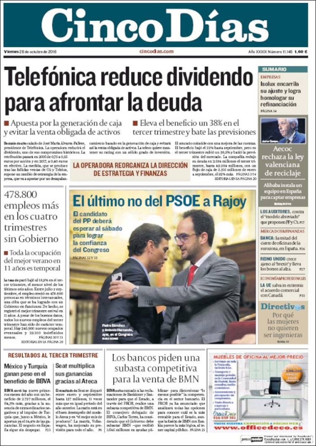 Las portadas de los periódicos económicos de hoy, viernes 28 de octubre
