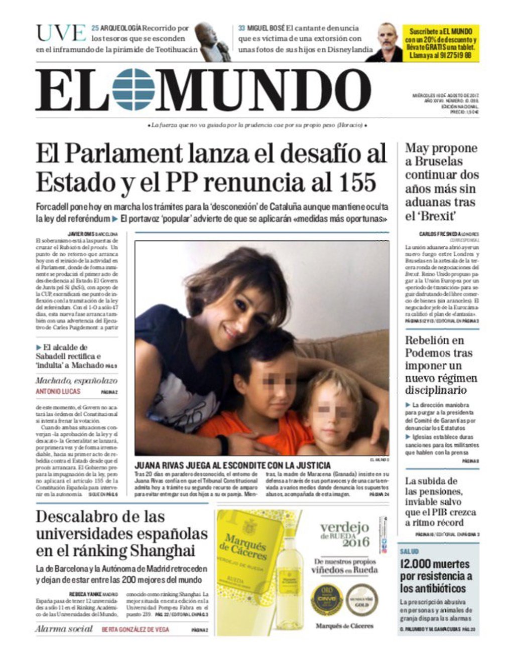 Primeras páginas de los diarios llegados esta noche a nuestra redacción