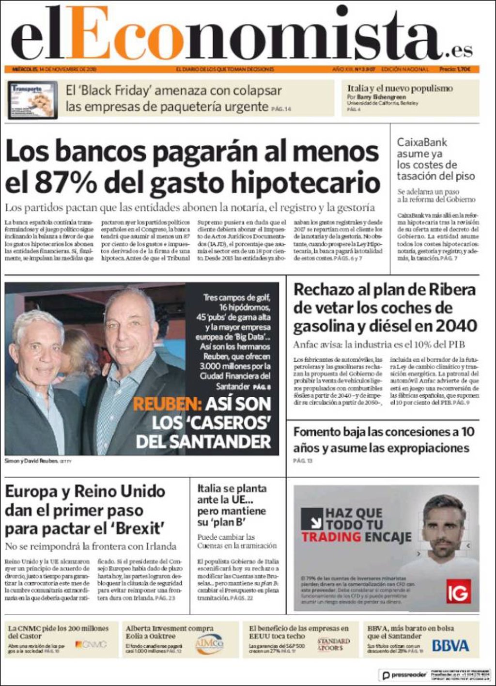 Las portadas de los periódicos económicos de hoy, miércoles 14 de noviembre