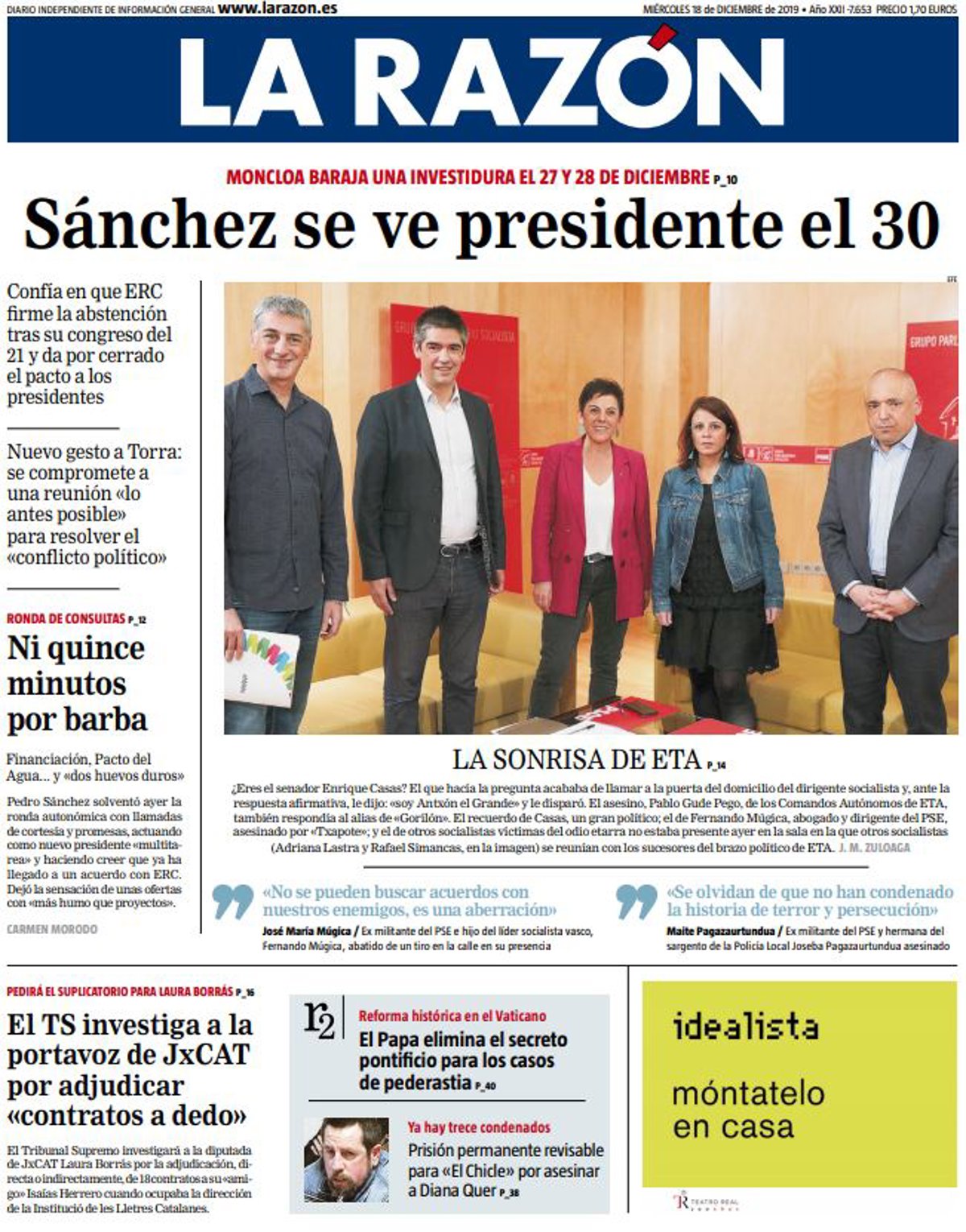 Primeras páginas de los diarios llegados esta noche a nuestra redacción