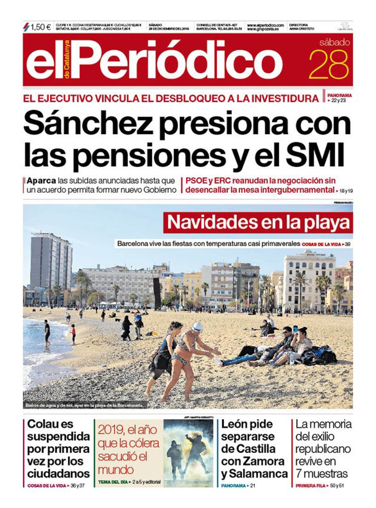 Las portadas de los periódicos del sábado 28 de diciembre de 2019