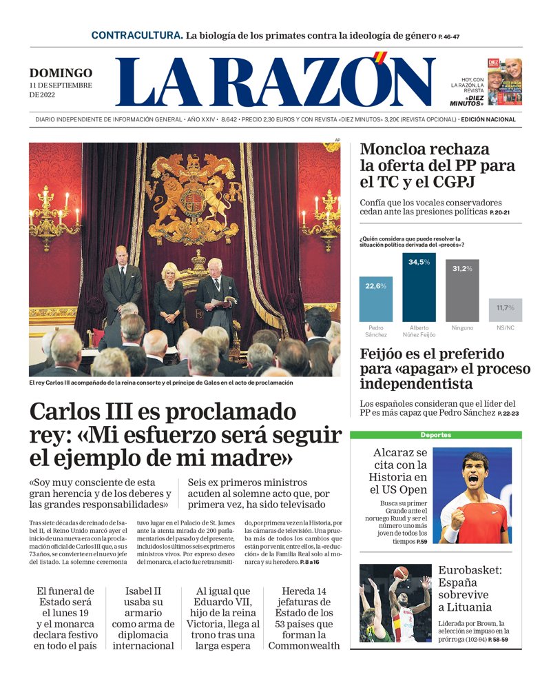 Las portadas de los periódicos del domingo 11 de septiembre