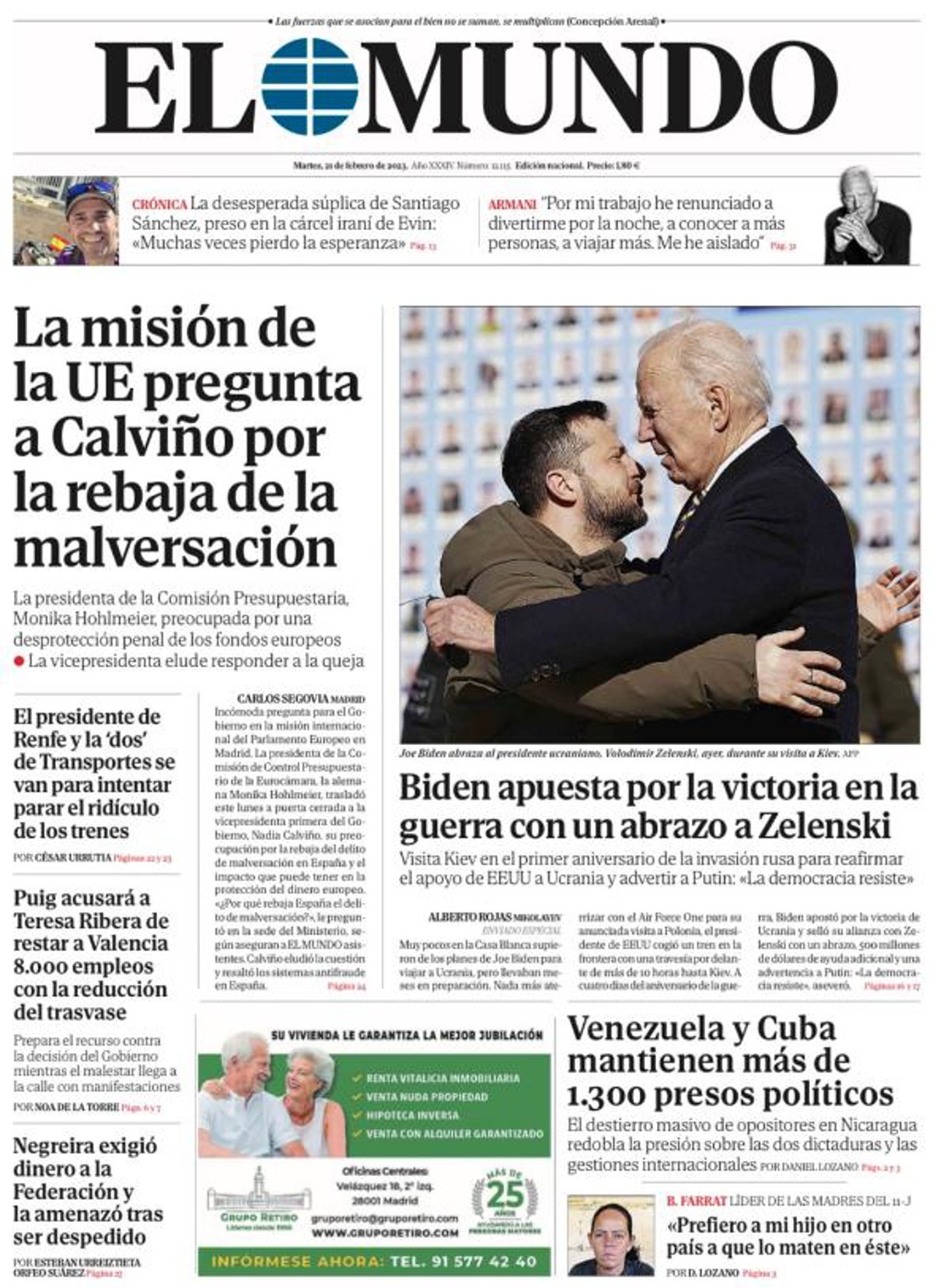 Las portadas de los periódicos del martes 21 de febrero