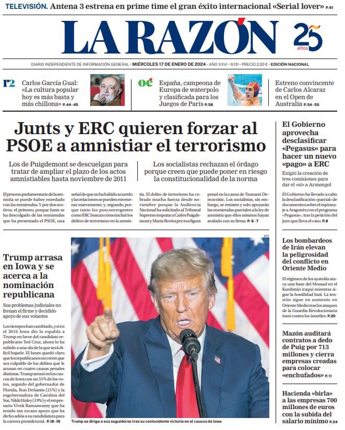 Portadas de los periódicos del miércoles 17 de enero de 2024