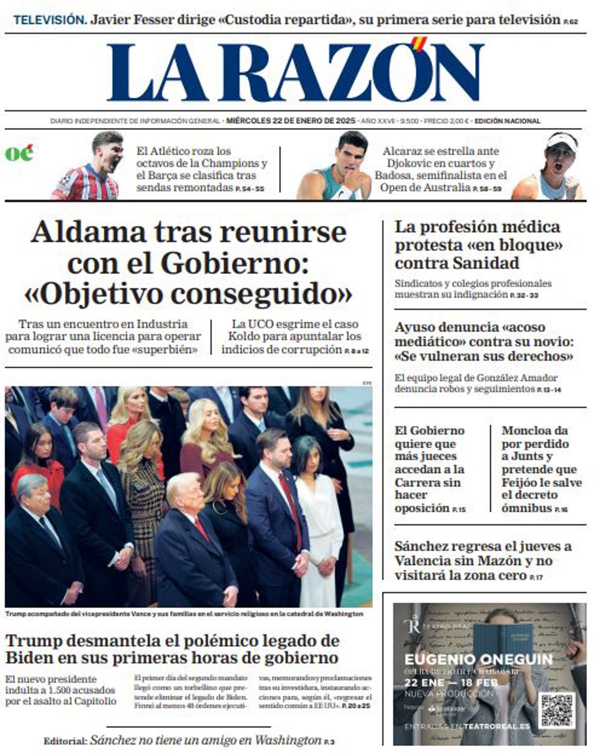 Portadas de los periódicos para el miércoles 22 de enero de 2025