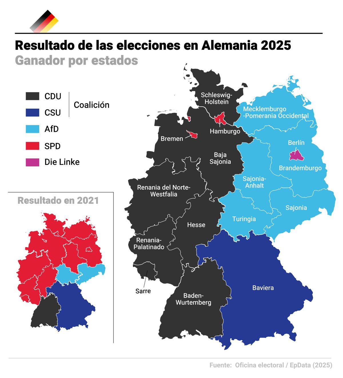 Mapa de resultados en las elecciones en Alemania 2025, estados y distritos