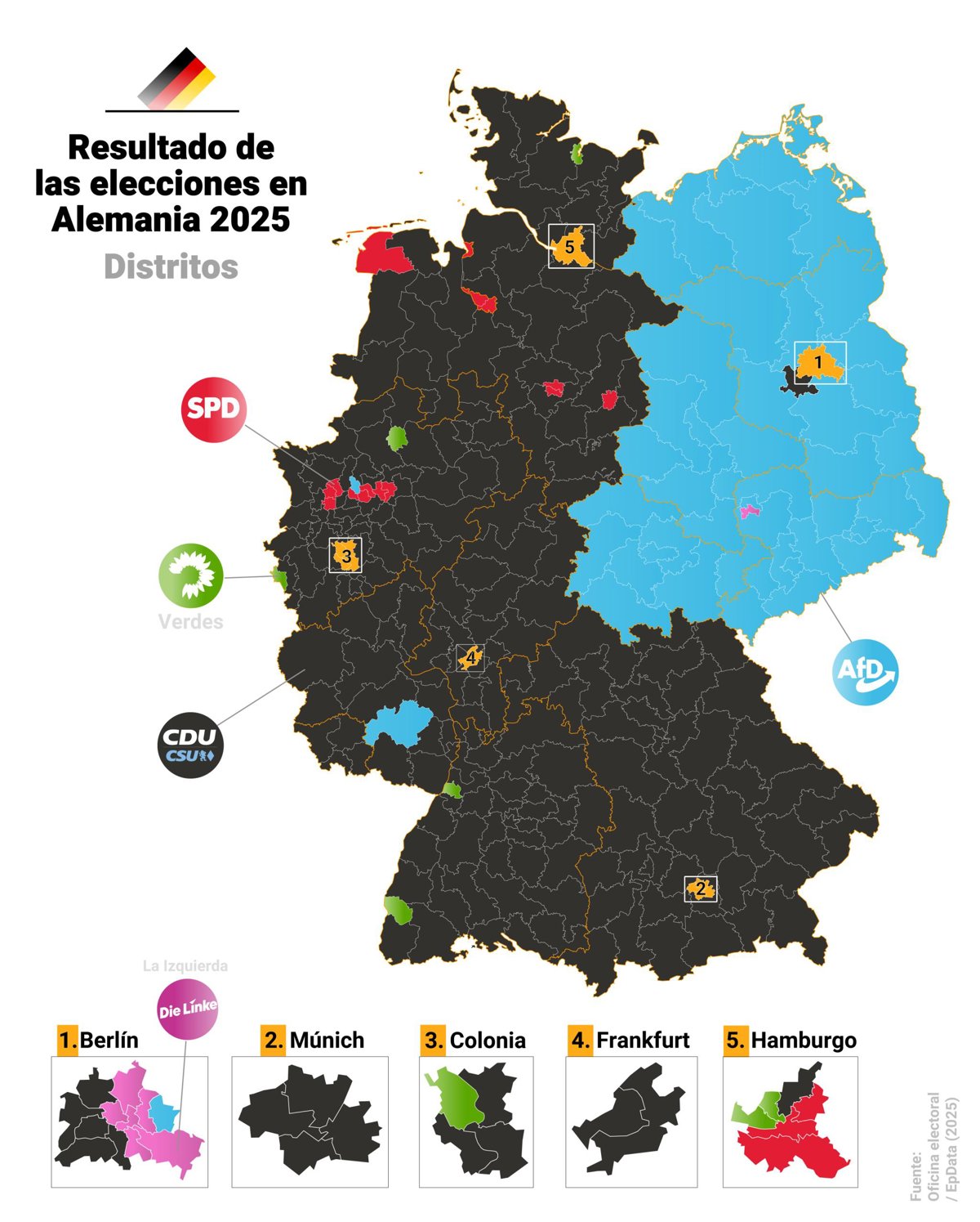Mapa de resultados en las elecciones en Alemania 2025, estados y distritos