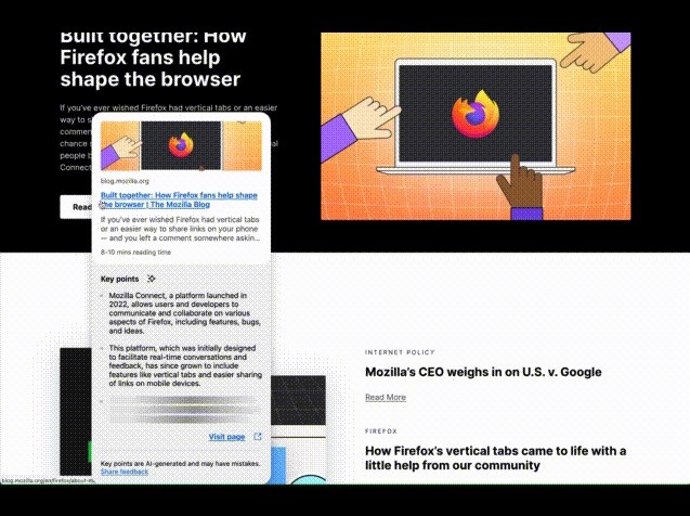 Firefox lanza las vistas previas de enlaces con IA, que muestran los puntos clave de una página ...